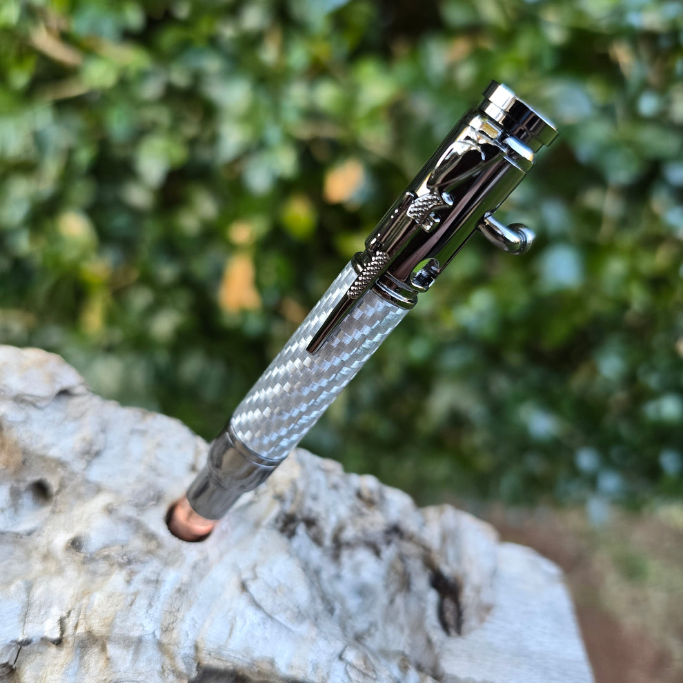 MINI Silver Carbon Fiber Ned Kelly Style Pen – Parko's Pens